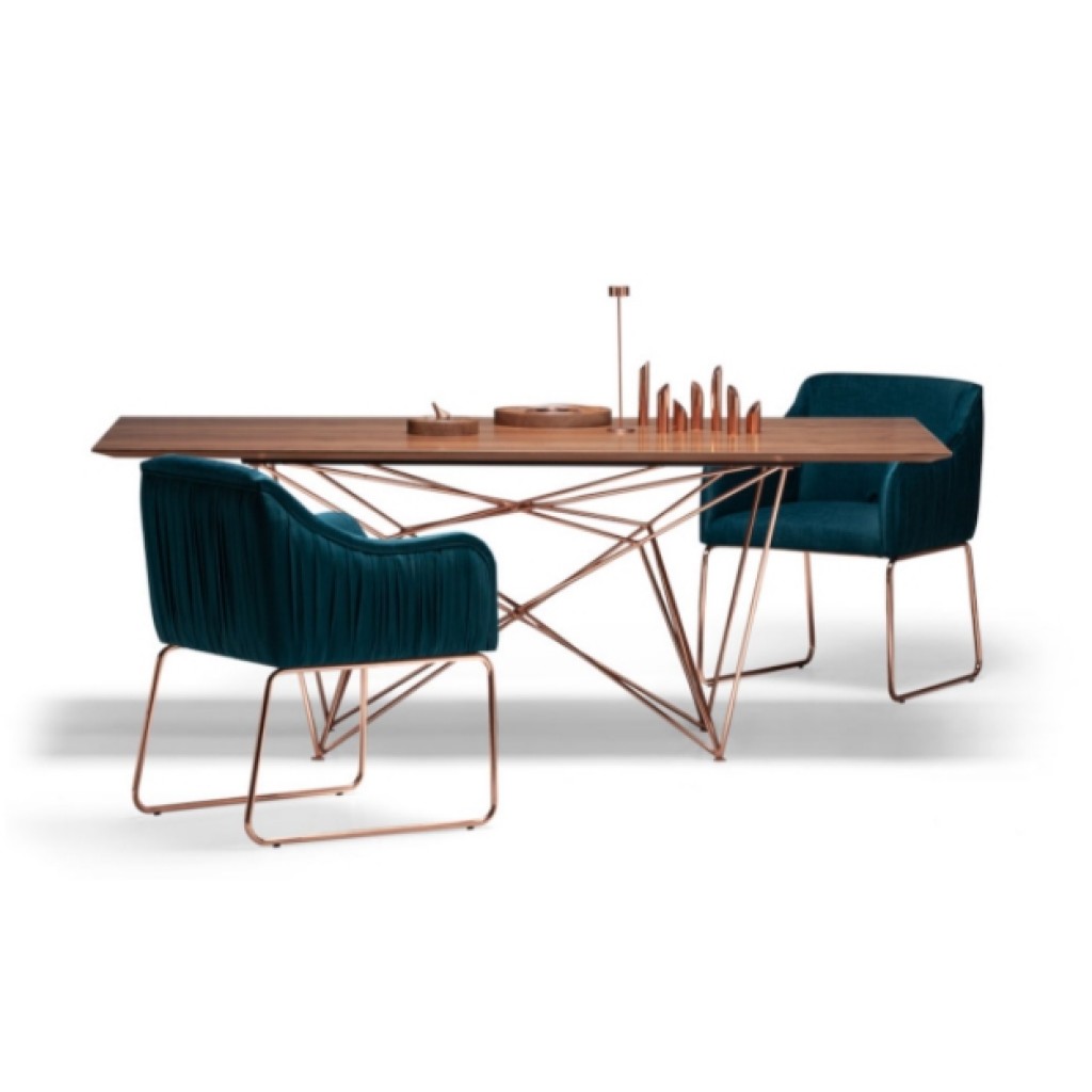 MASA DINING INKA 220 CM LEMN NUC SI PICIOR METALIC AURIU-ROZE